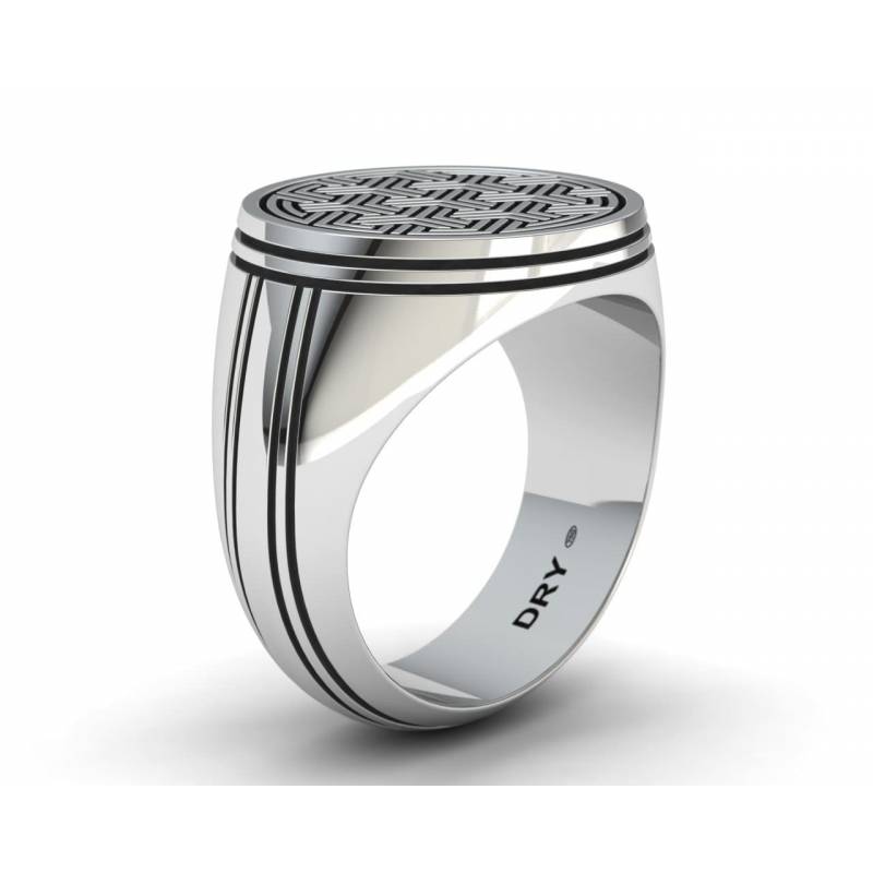 Silver Signet Ring with Raised Geometric Pattern | Pepe Dry
