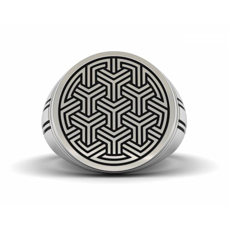 Silver Signet Ring with Raised Geometric Pattern | Pepe Dry