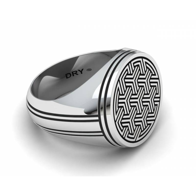 Silver Signet Ring with Raised Geometric Pattern | Pepe Dry